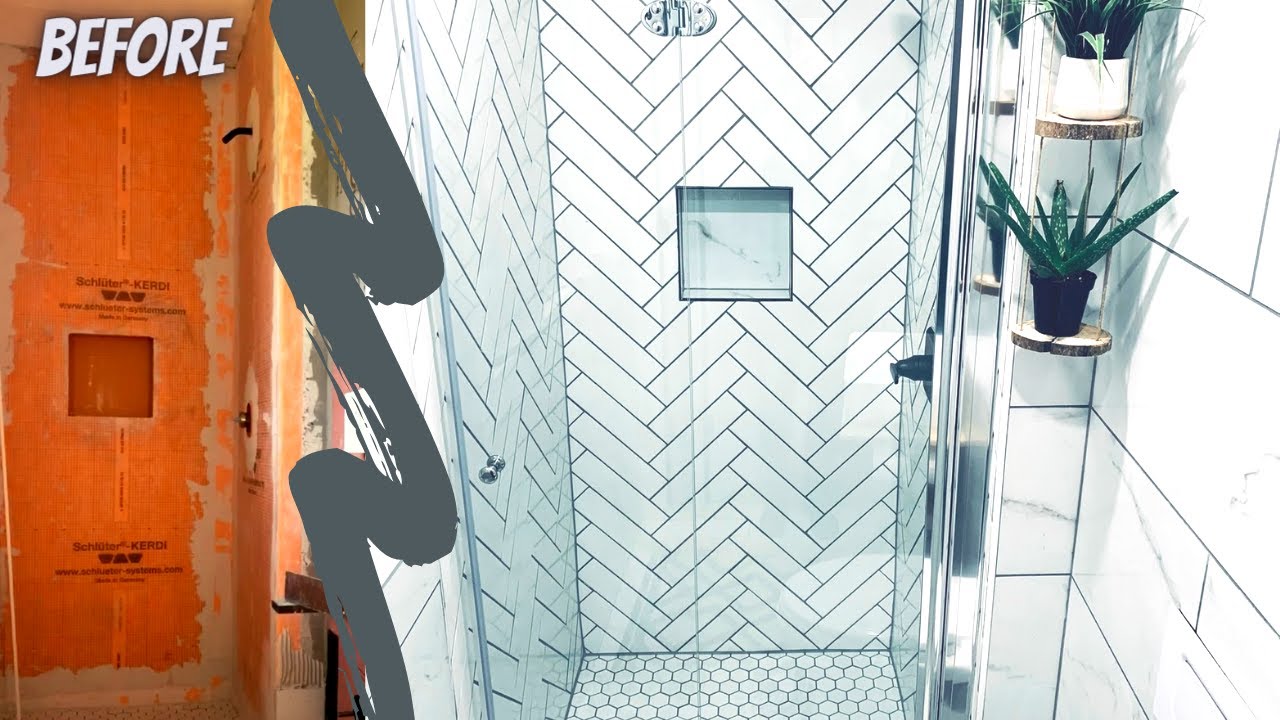 Tiling a shower with a herringbone pattern | Layout to finish