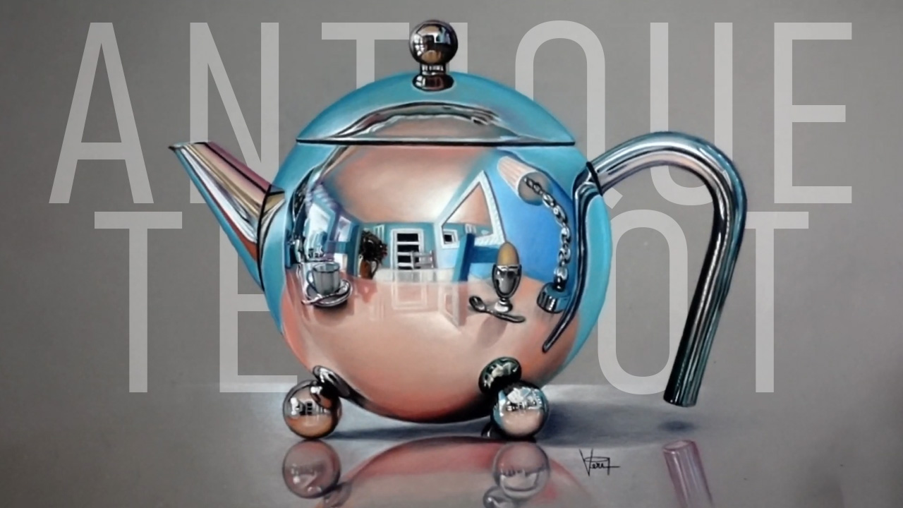 Better antique teapot drawing with texture, patina, and realism