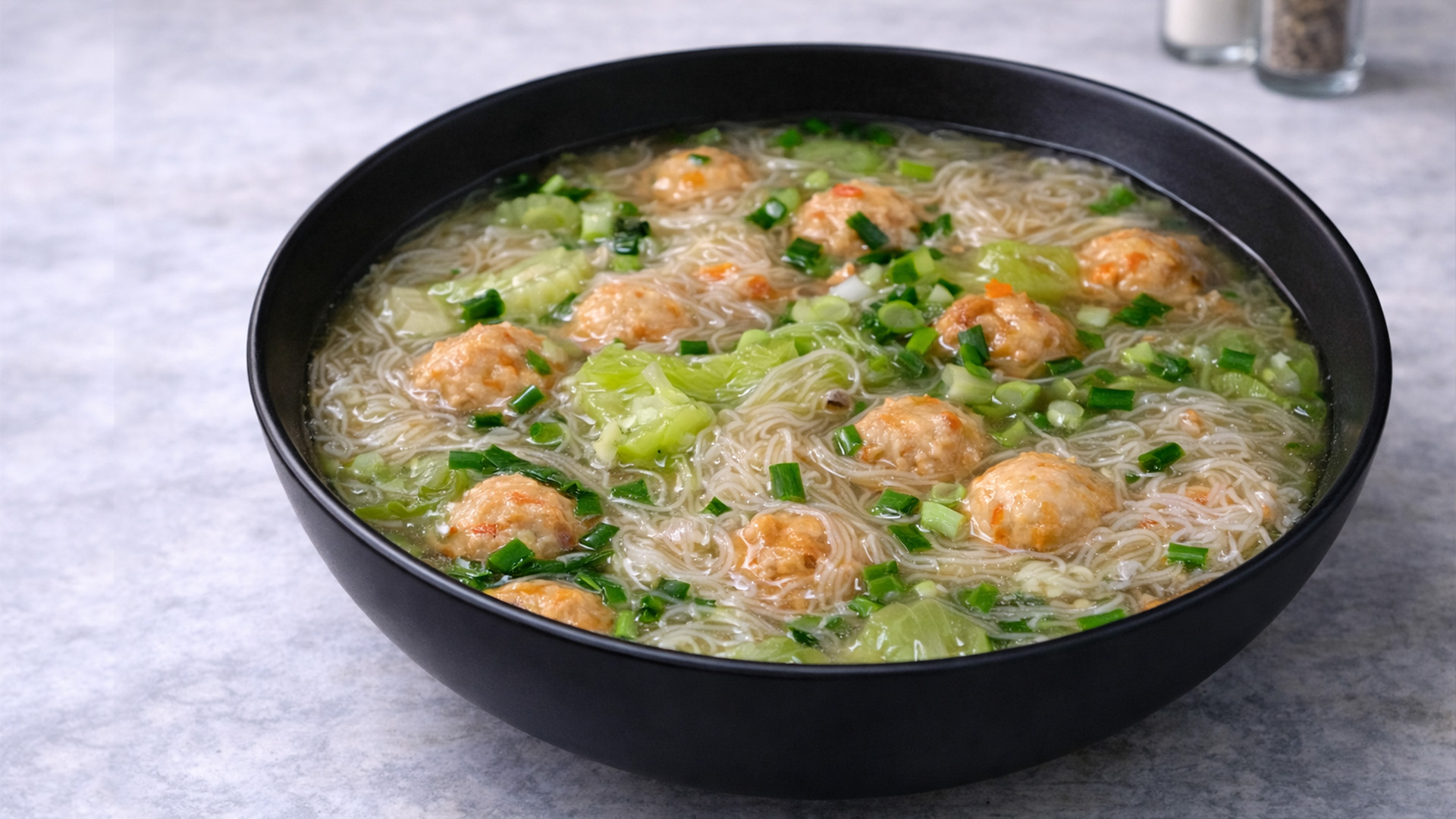 Misua soup with soft noodles and pork meatballs