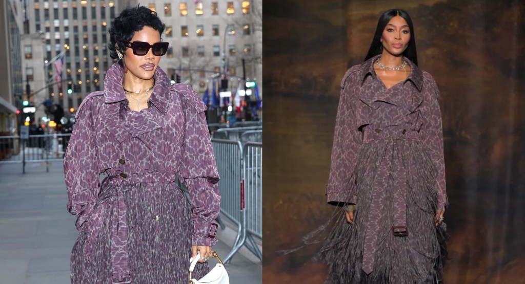 Teyana Taylor pops in purple Burberry trenchcoat in New York City