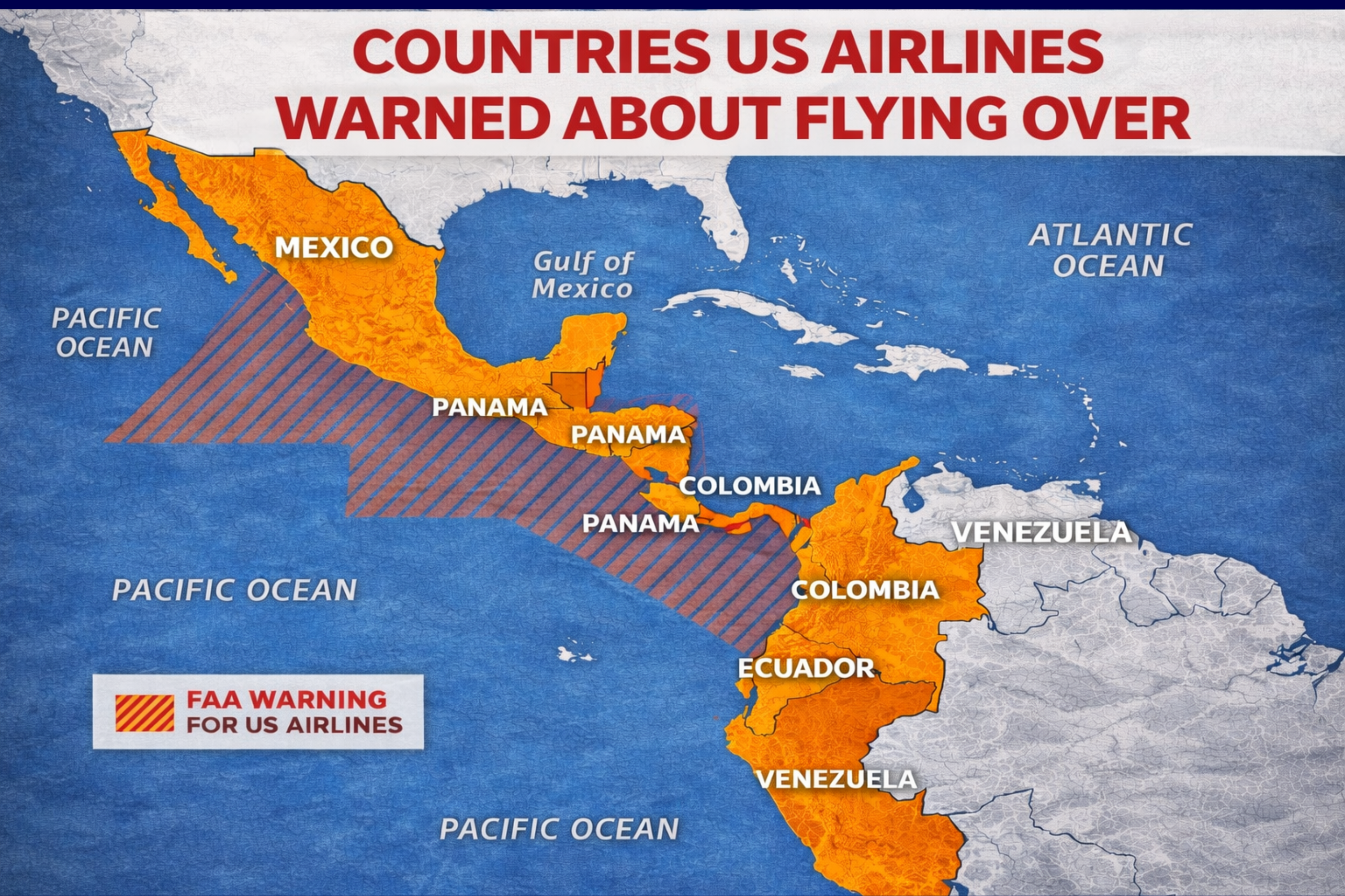 Map shows countries where US airlines warned about flying over