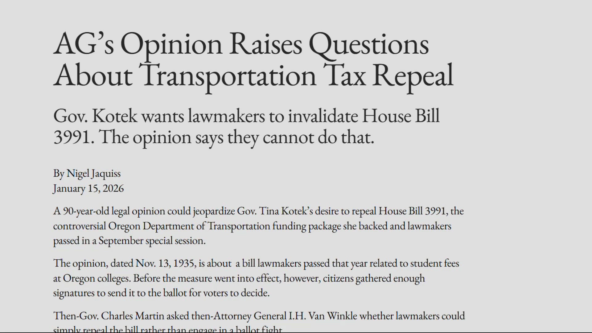 1935 opinion may delay Oregon governor's plan to repeal transportation ...