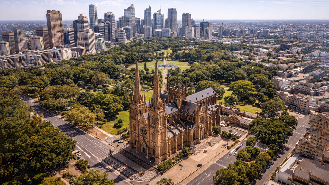 Sydney Cathedral and Hyde Park from above