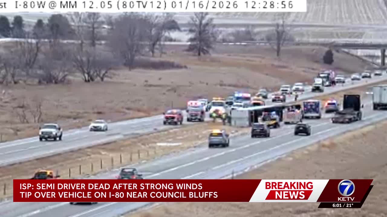 Semi-truck driver dies after strong winds tip over vehicle on I-80