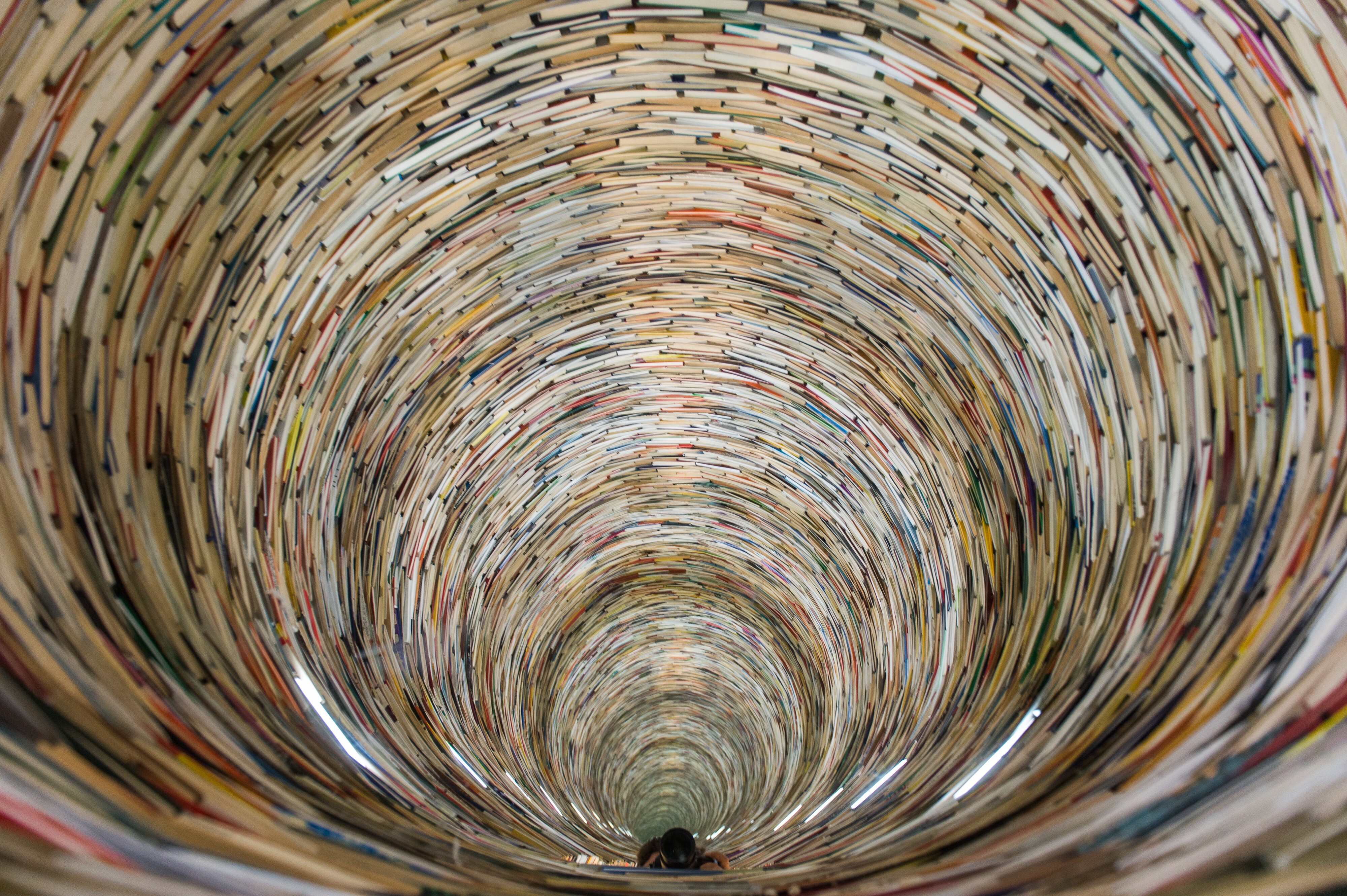 You can see a swirling sculpture made of 8,000 books at a library in Prague