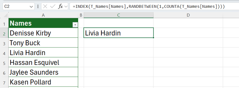 How to pick a random name from a list in Excel