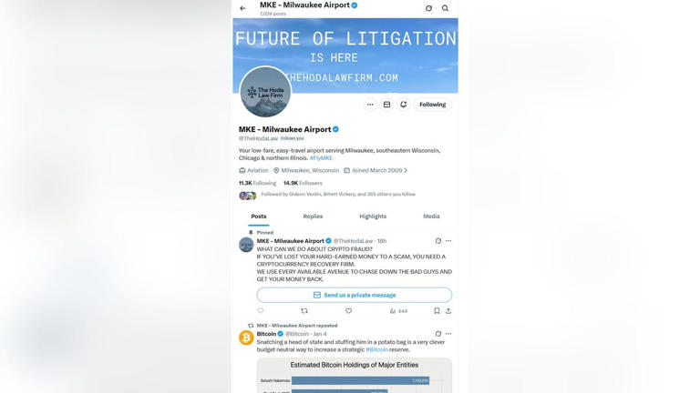 Milwaukee Mitchell Airport X account hacked, replaced with crypto content