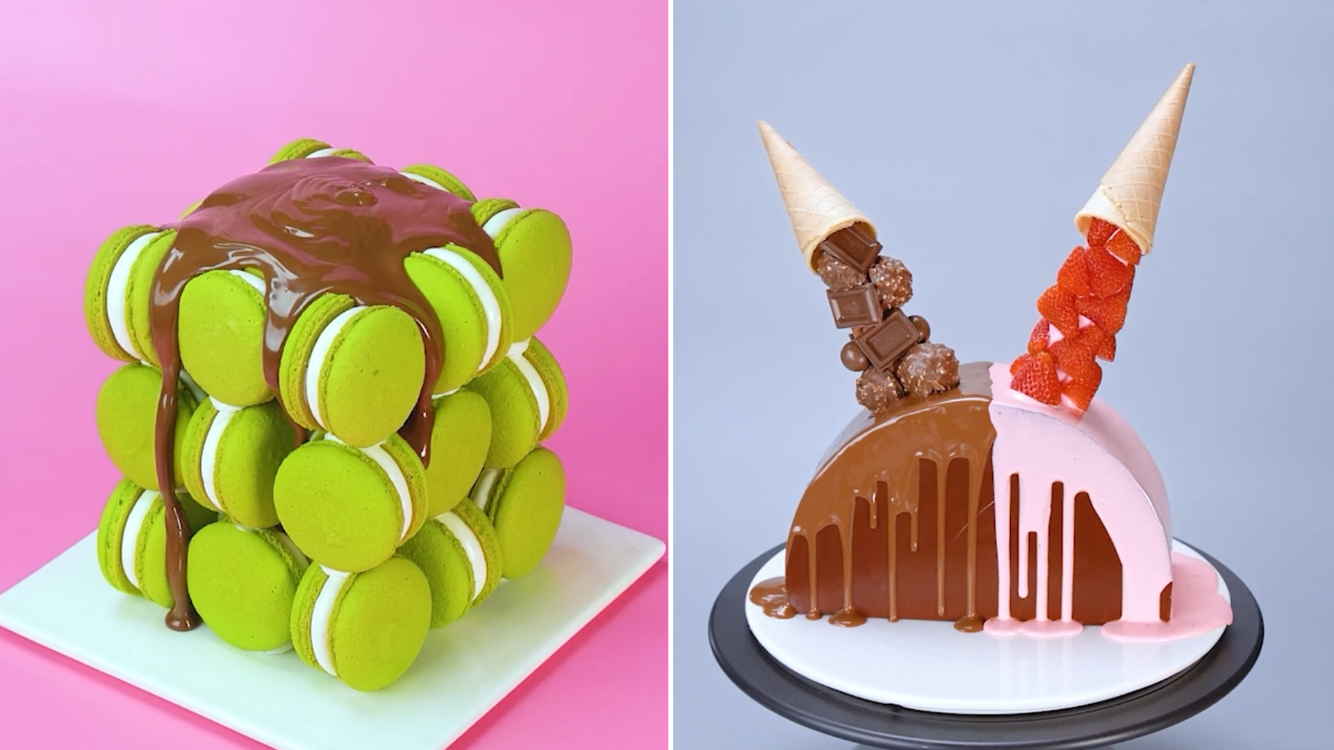 Green macaron stack with chocolate drizzle