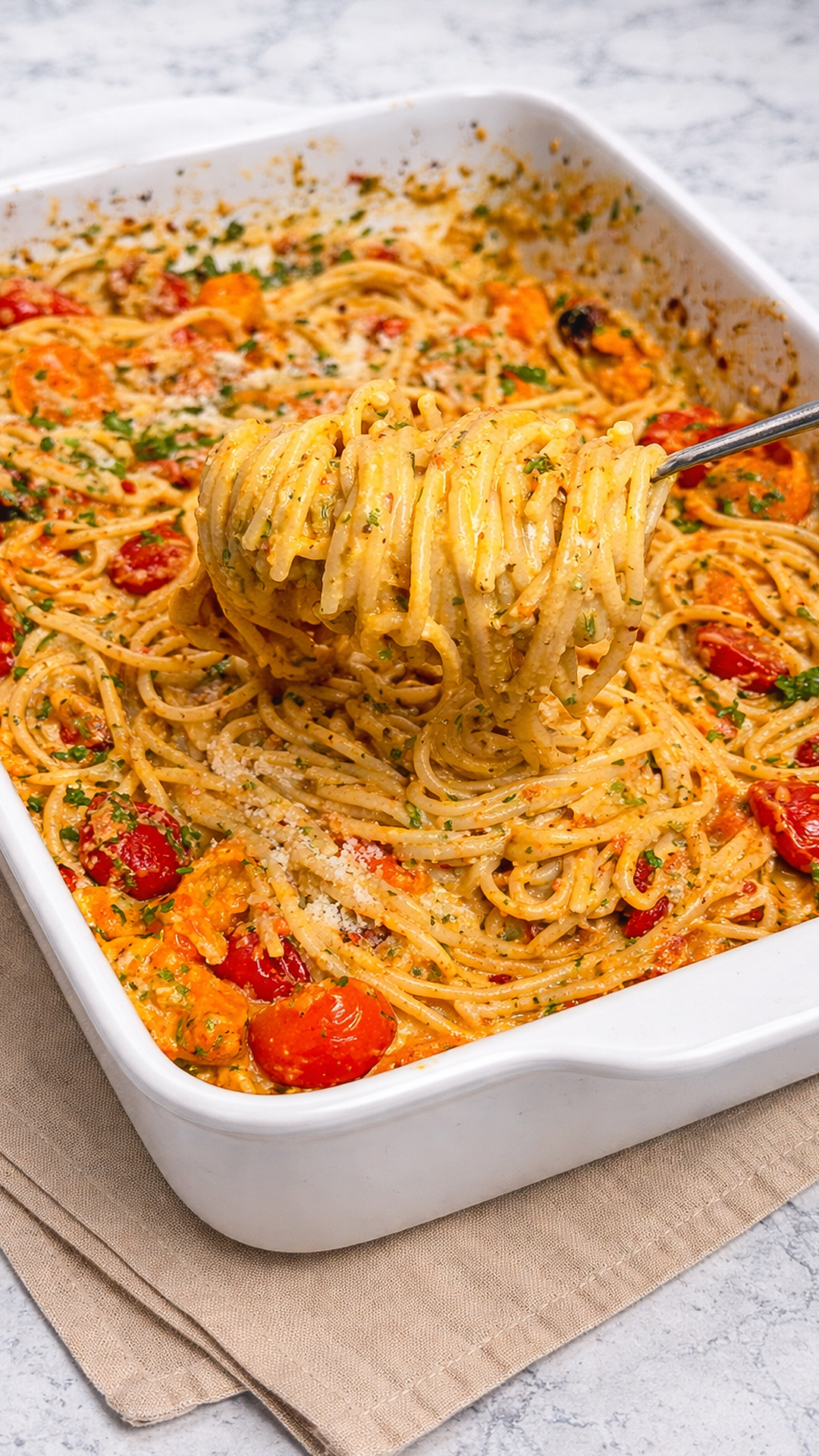 Cooking vegan pesto pasta with tomatoes