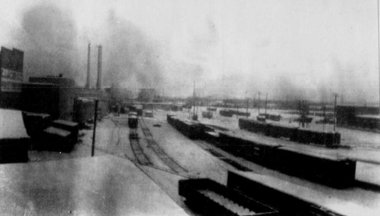 Winter hush meets industry in 1930s Alton rail yards