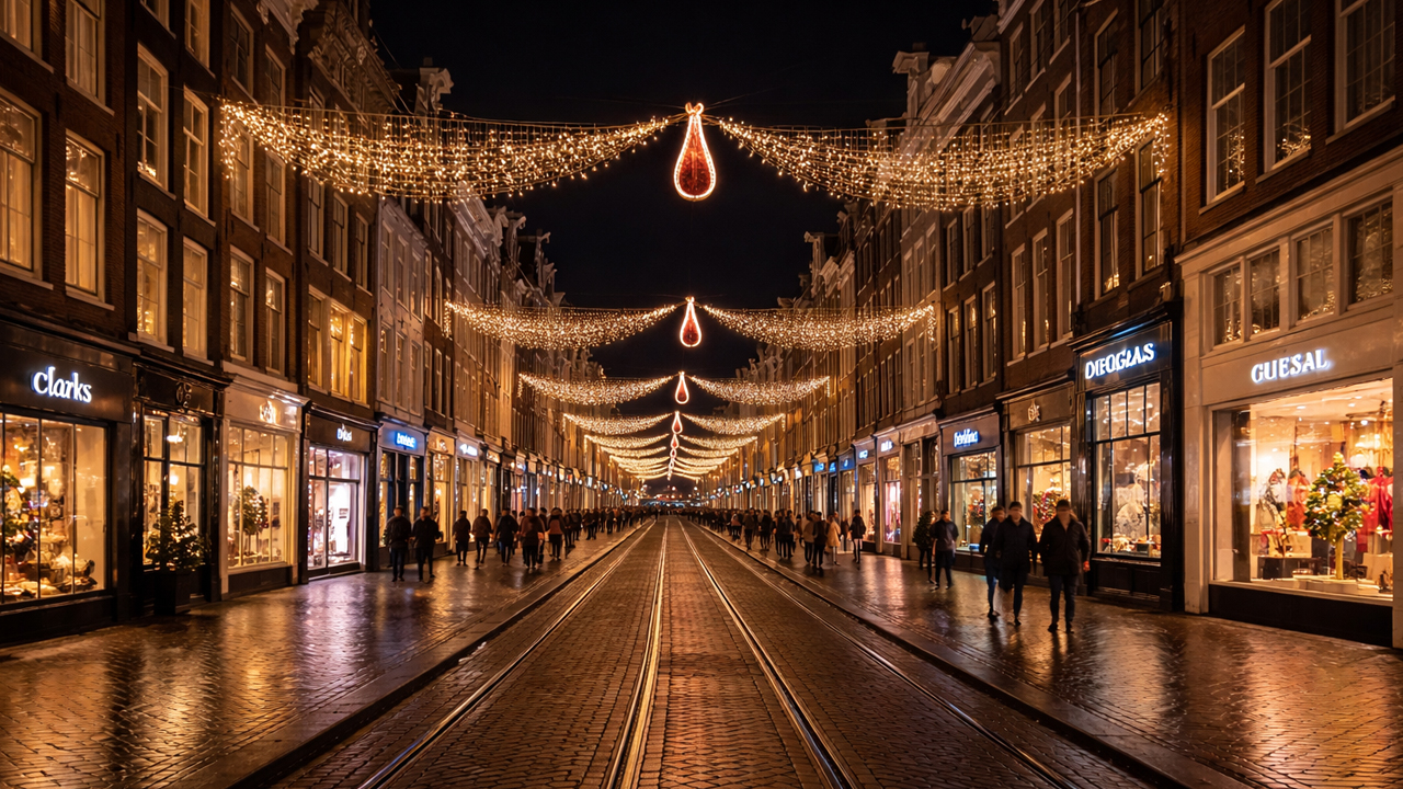 Evening lights and holiday magic in Amsterdam