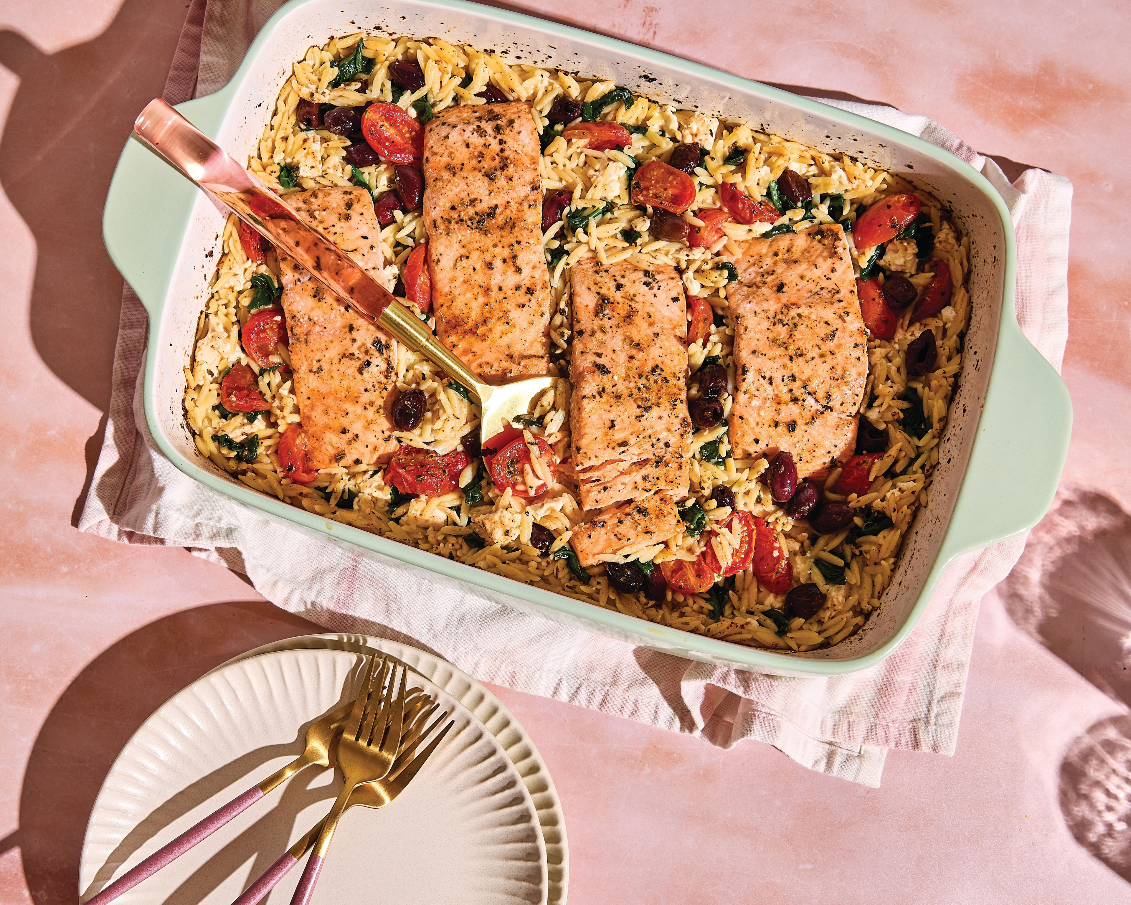 Jenn Lueke's salmon orzo bake recipe is so easy & delicious