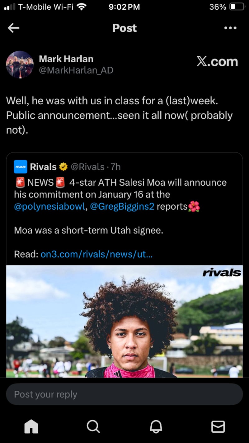 Mark Harlan tweet about Salesi Moa causes stir on social media