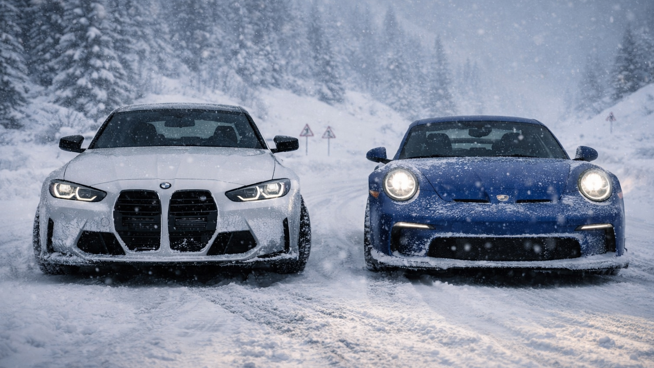 BMW M3 and Porsche GT3 drift through snow