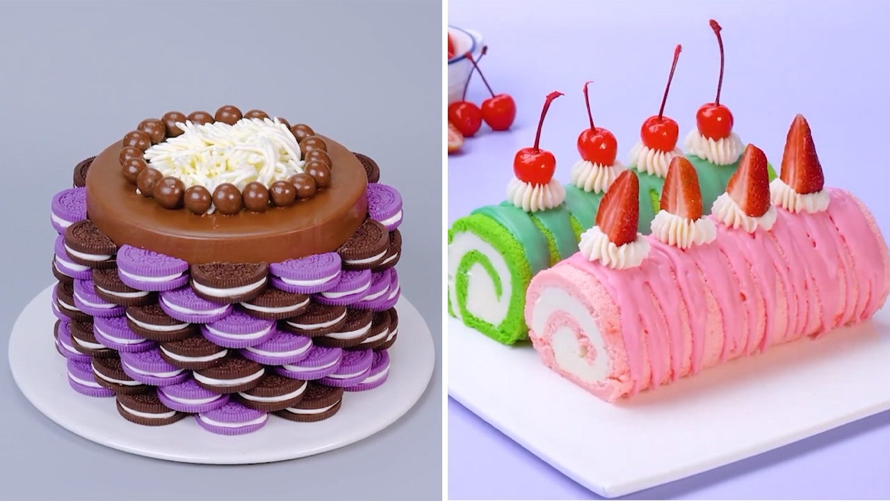 Chocolate cookie layer cake and strawberry roll cakes