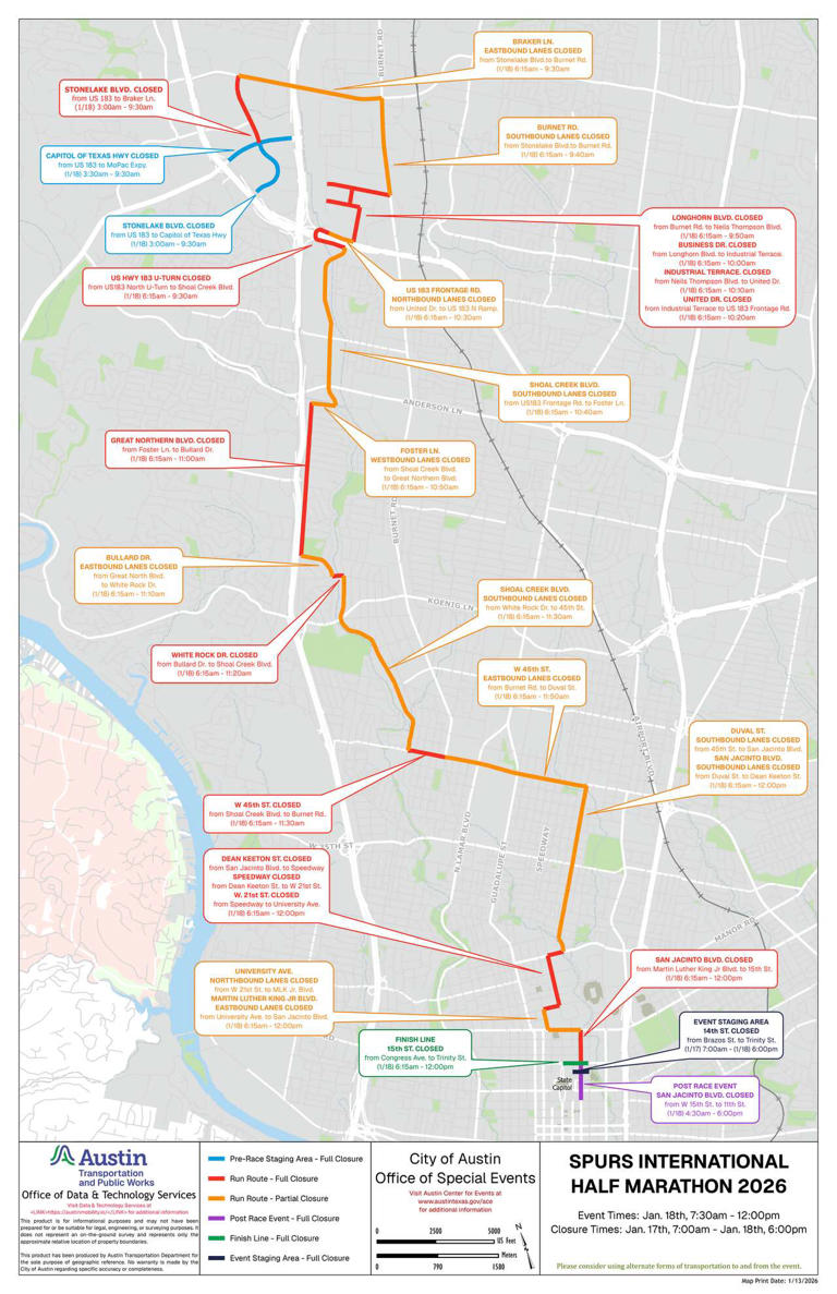 Expect road closures in Austin for Sunday's half marathon. See route map