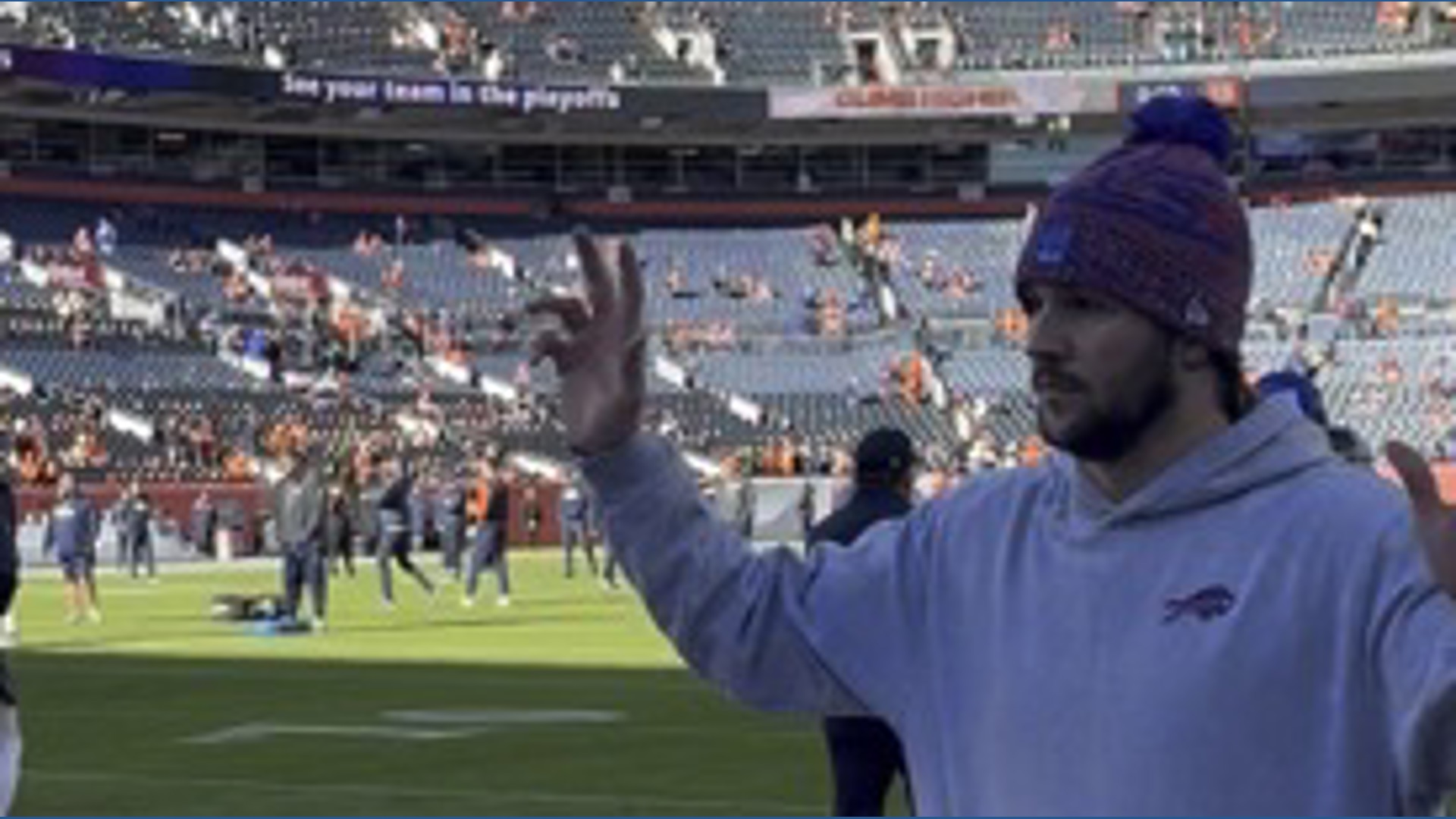 Josh Allen leaves the field pregame in Denver