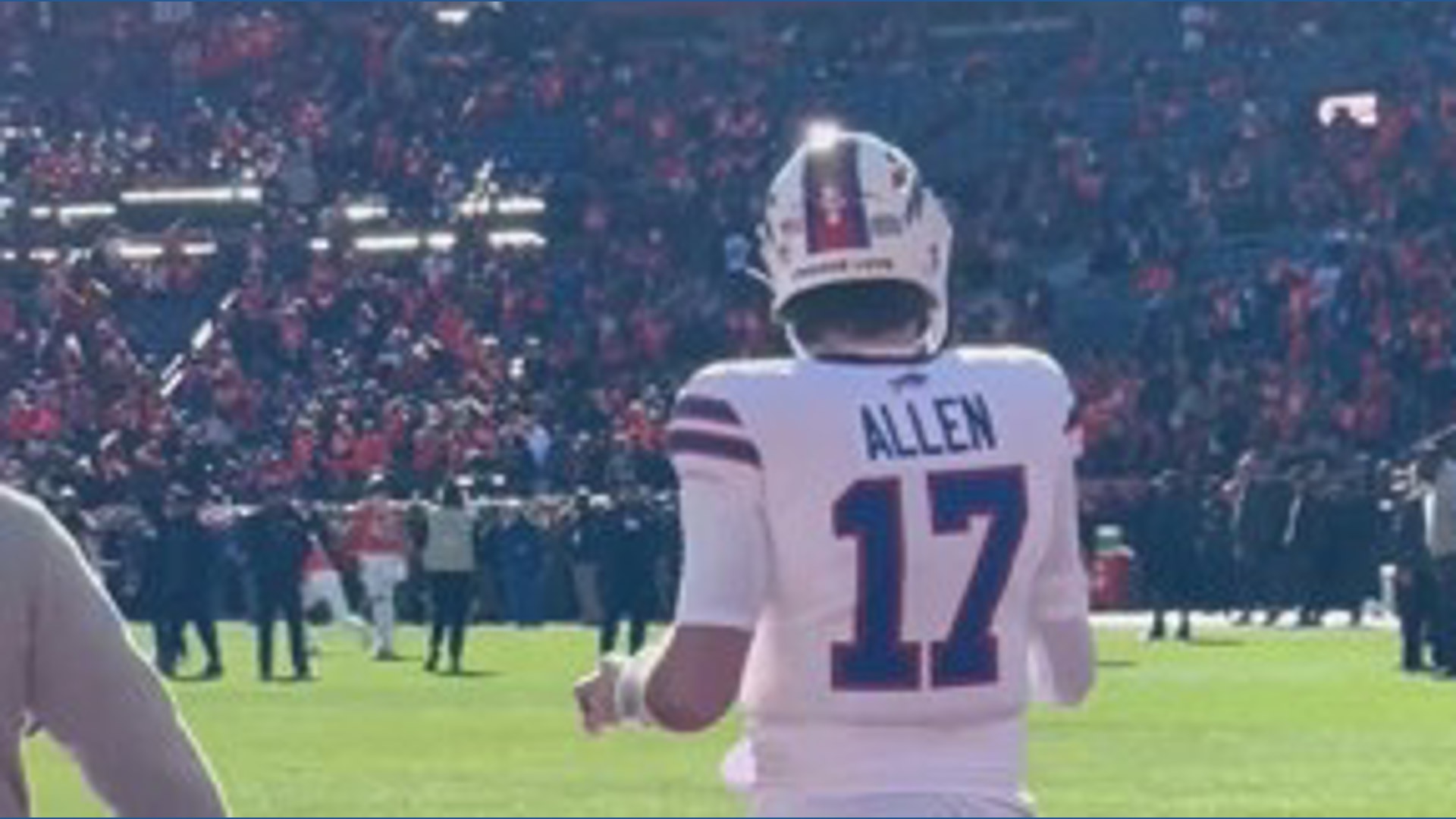 Josh Allen throwing pregame in Denver