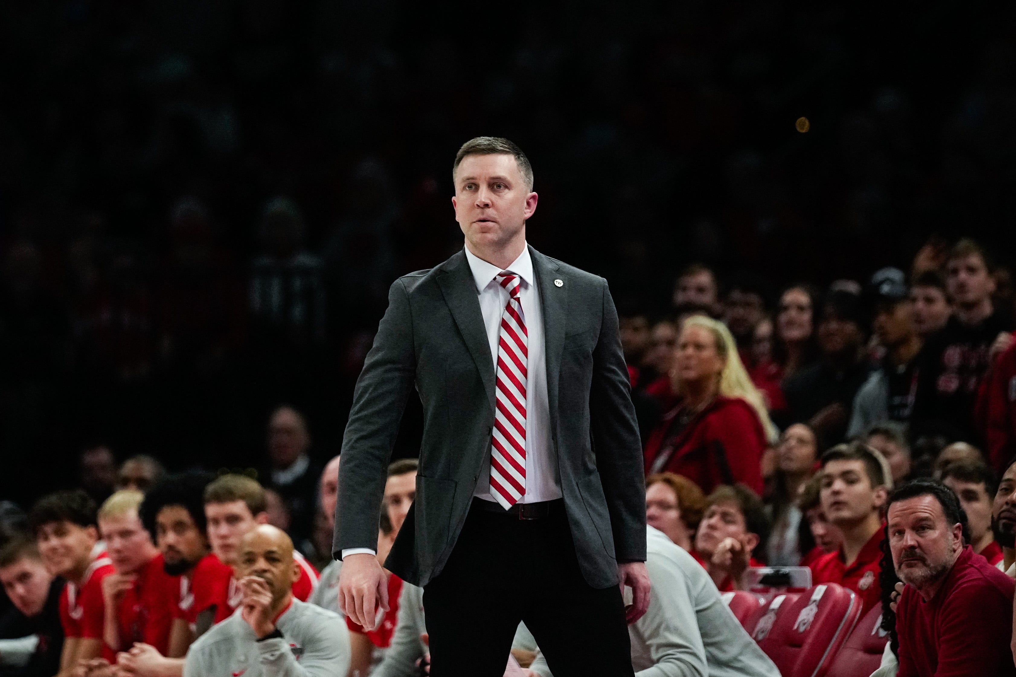 Ohio State's Jake Diebler wears pin for late Big Ten official Terry Wymer