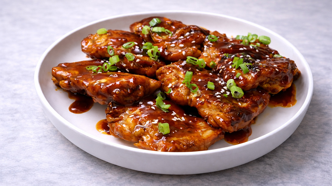 Sticky chicken with a glossy glaze