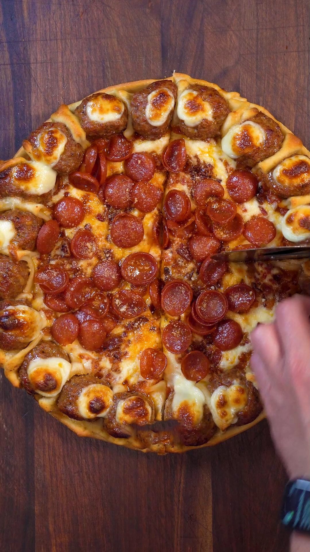 Meatball stuffed crust pizza