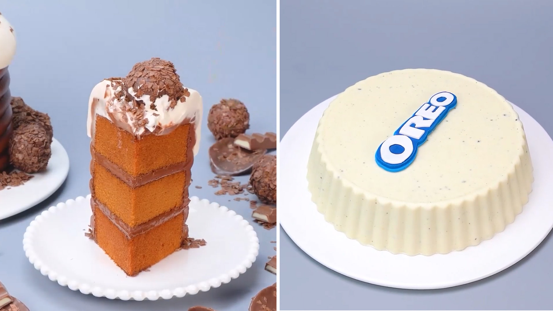 All chocolate cake slice and a smooth Oreo style cake