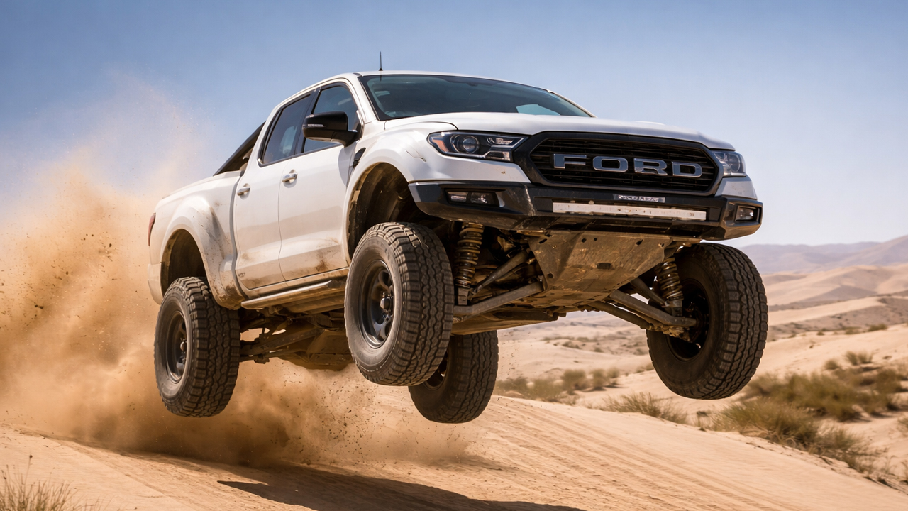 Ford Ranger catches air in desert jump test