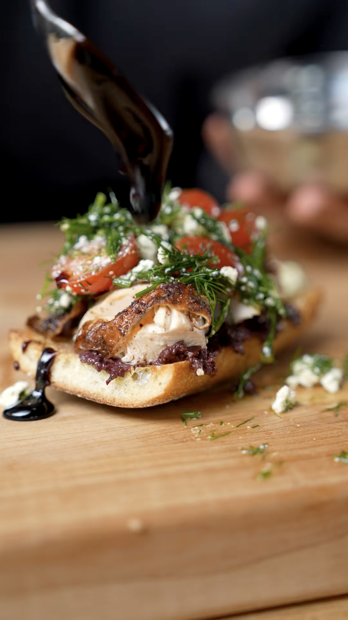 Air fryer roasted chicken with tomato salad & kalamata olive tapenade