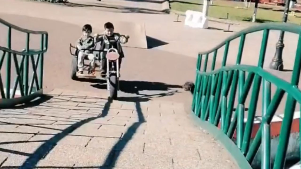 Daredevils take a motorbike sidecar over a ramp and end in a fall