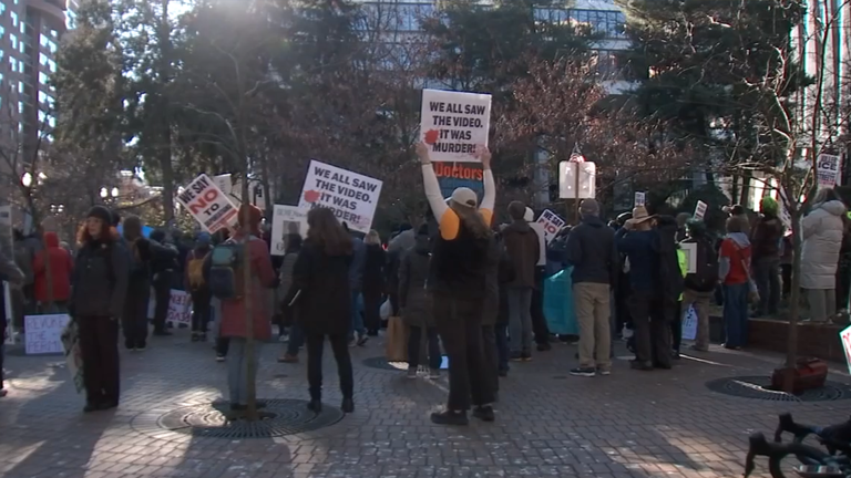 People gather at downtown plaza to protest Trump, ICE in Portland