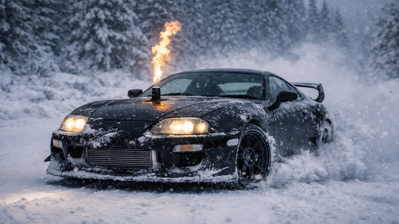 Toyota Supra slides through Arctic snowstorm