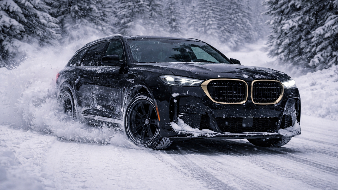 BMW XM powerslides through snowy forest road