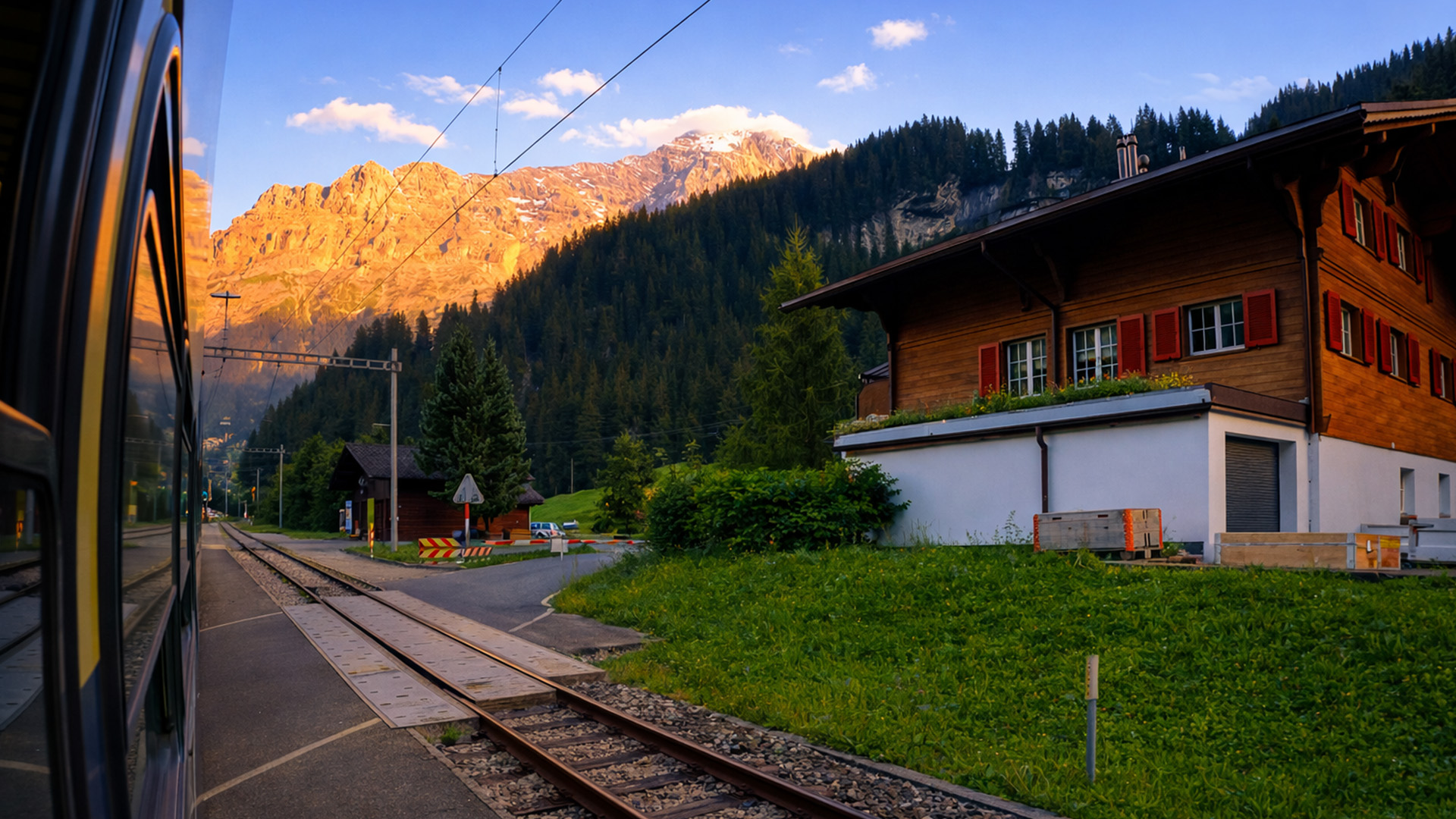 Sunset train ride through Swiss Alps to Grindelwald (4K)