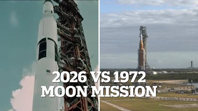 Comparison of NASA rolling out moon-bound rocket