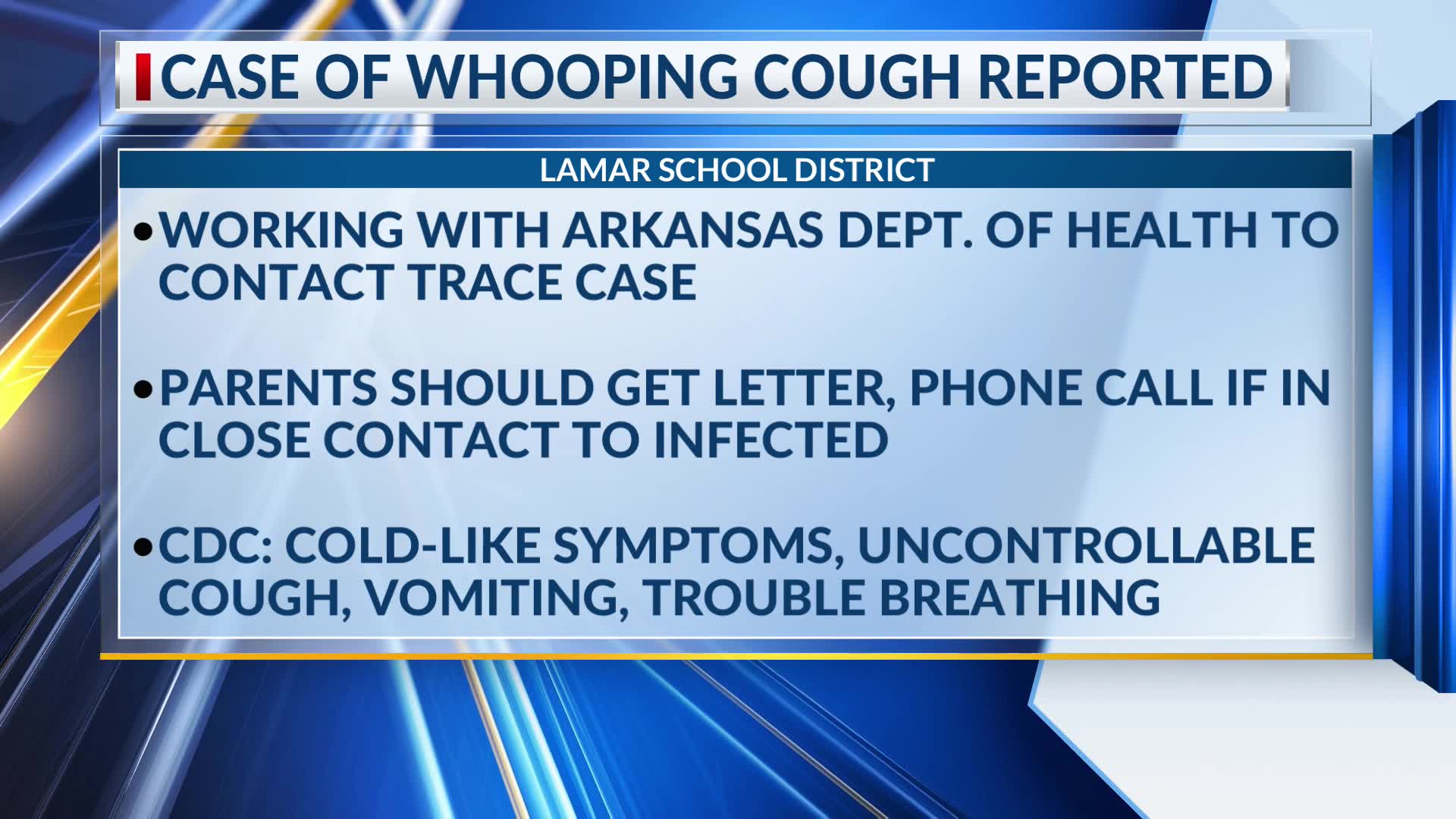 Case of whooping cough reporting in Lamar School District