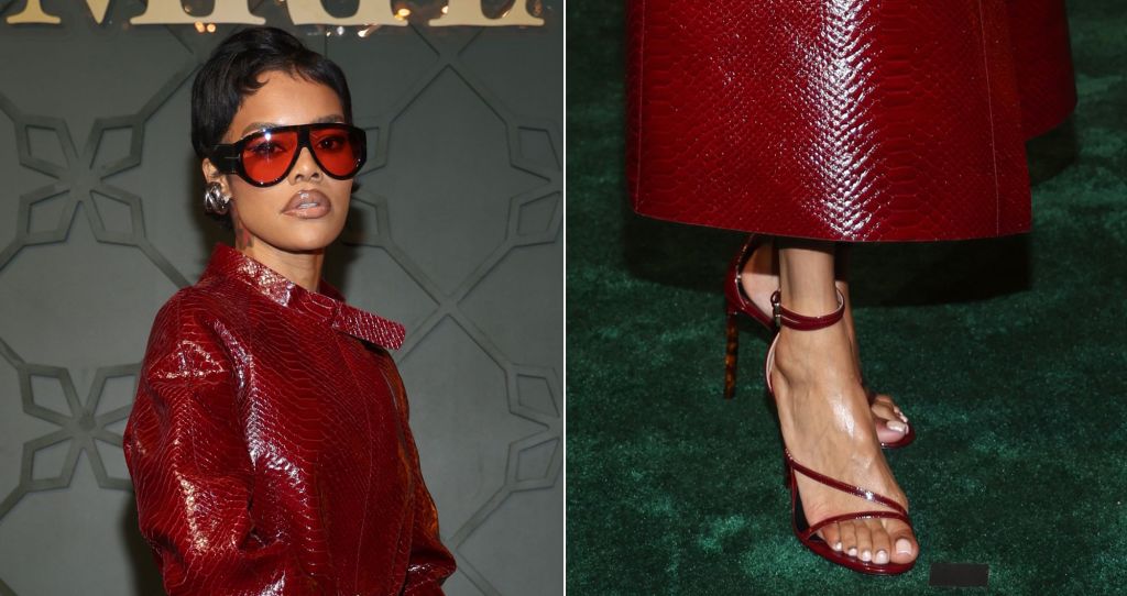 Teyana Taylor leans into textural ruby red with Tom Ford ankle strap ...