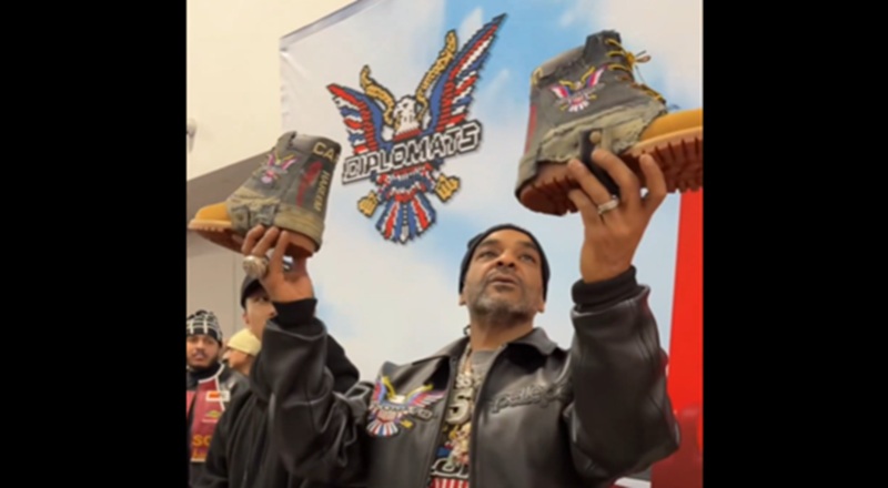 Jim Jones receives custom Dipset Timberlands from Bedrock Customs at ...