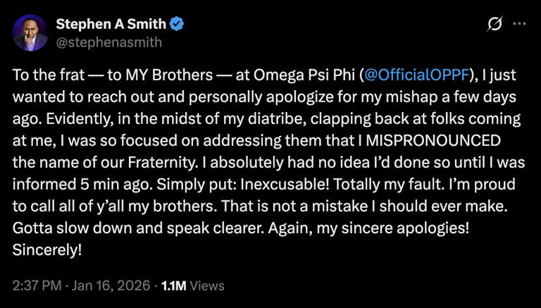 Stephen A Smith apologizes for mispronouncing Omega Psi Phi: 'Totally ...