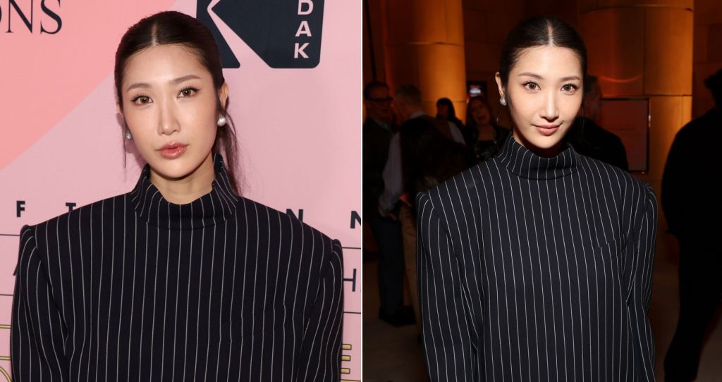 Ejae updates the office siren trend in pinstripe Mugler tunic and sheer ...