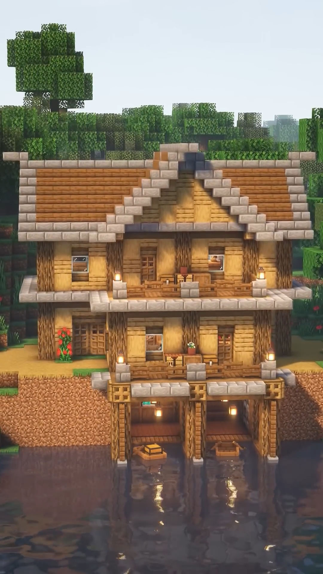 This Minecraft house sits by the lake