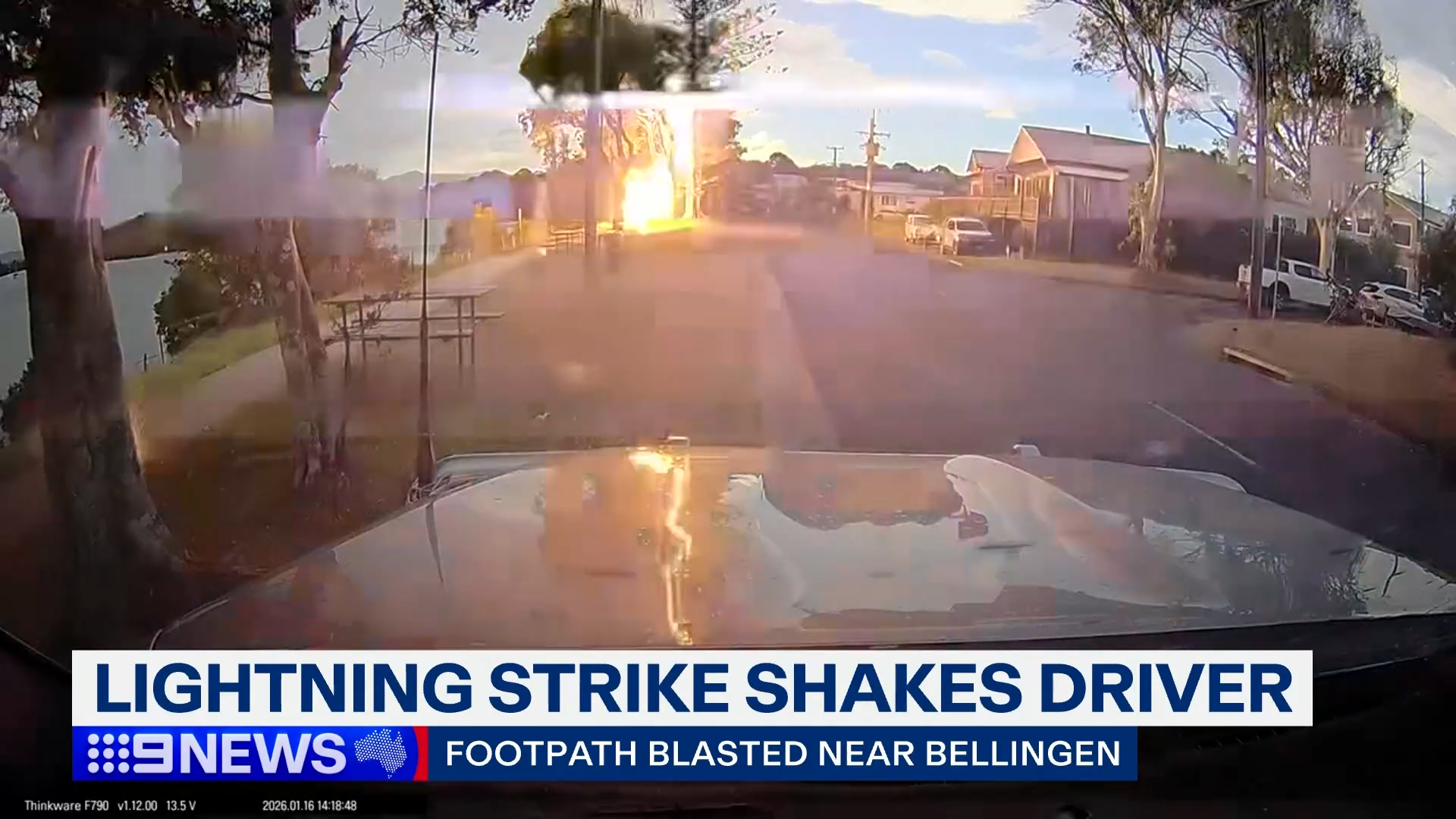 Dashcam captures lightning strike metres away