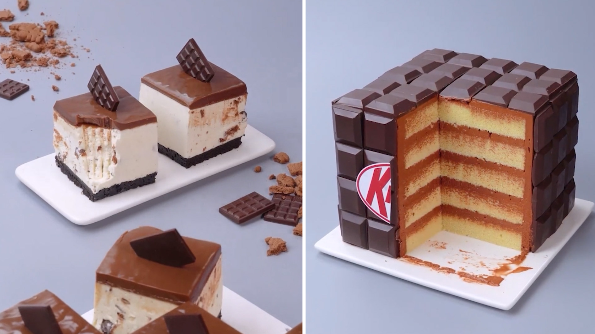 Smooth chocolate cheesecake and a chocolate block cake