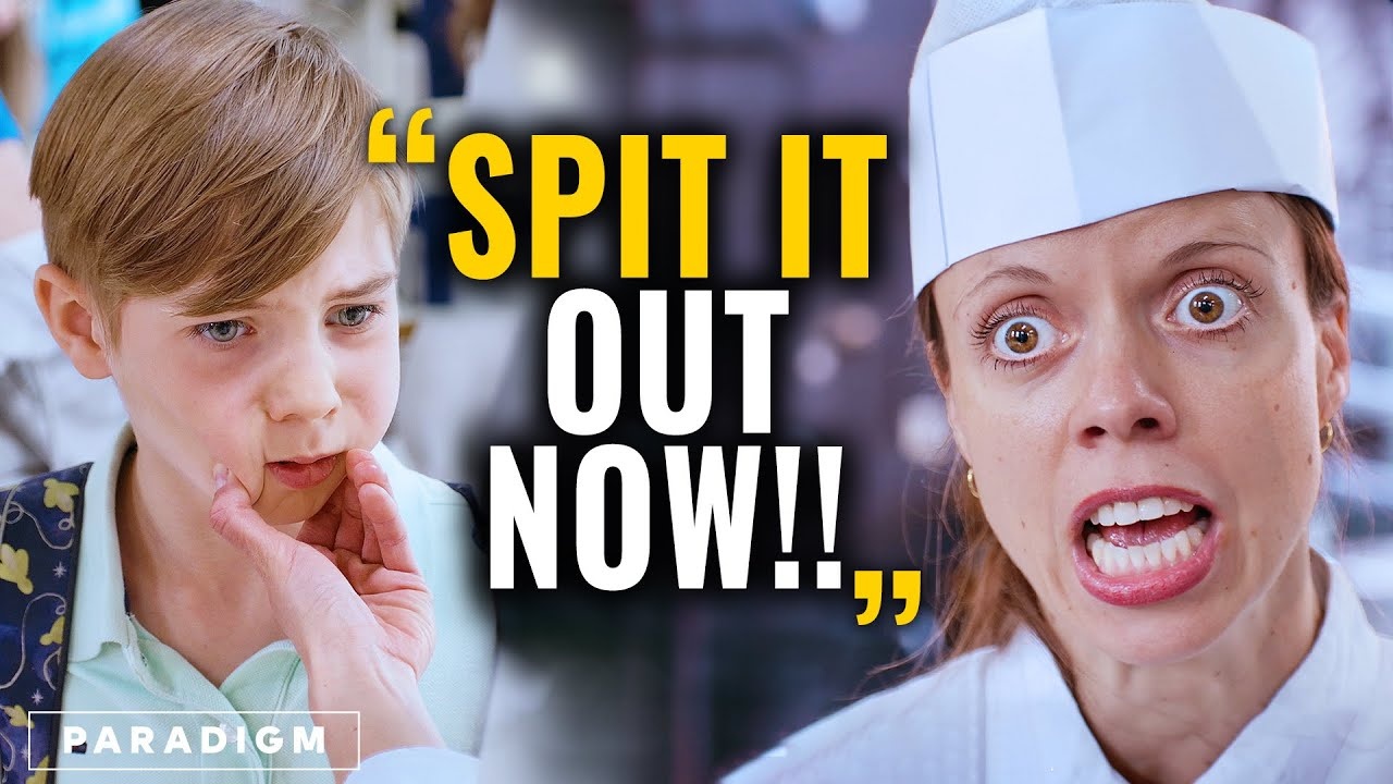 Evil woman forces boy to spit out food