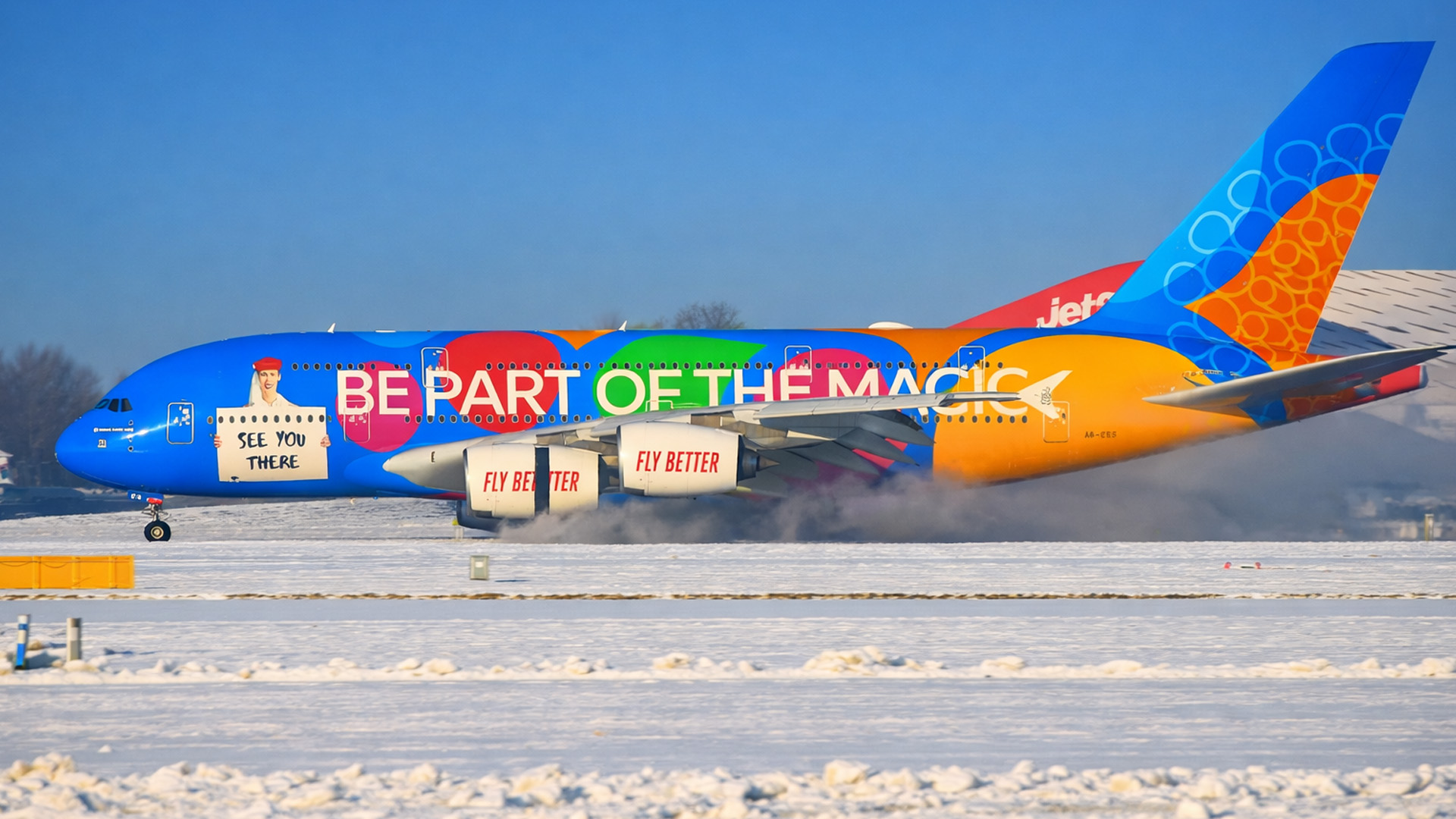 Huge planes taking off in snow at Manchester Airport