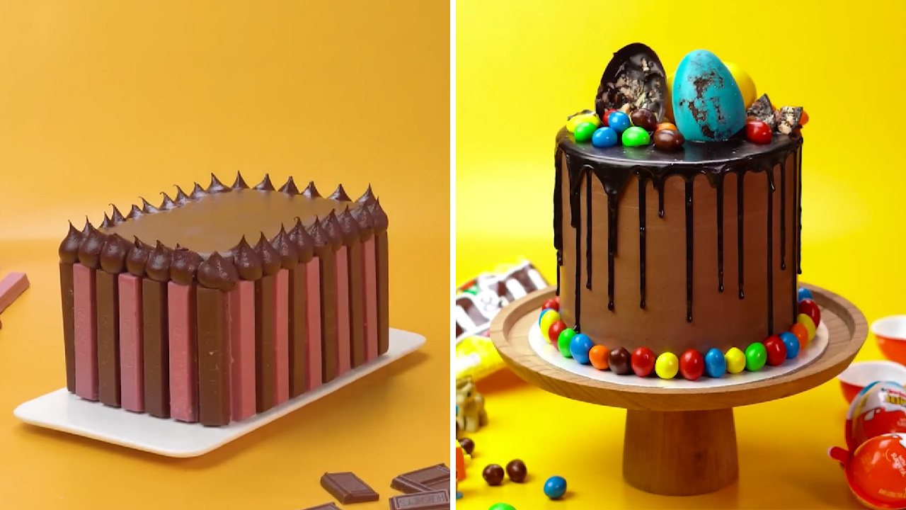 Chocolate bar layer cake and chocolate drip egg cake