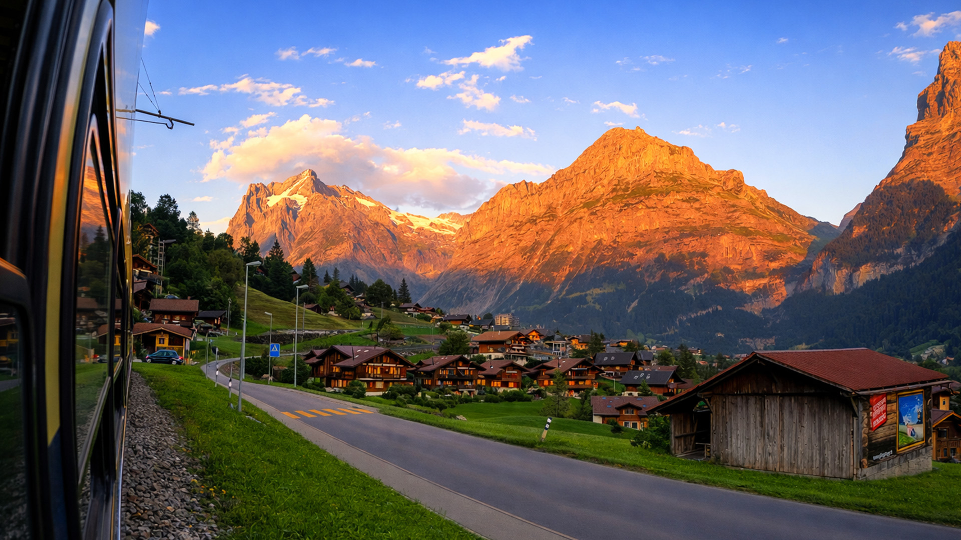 Scenic evening train ride to Grindelwald Switzerland (4K)