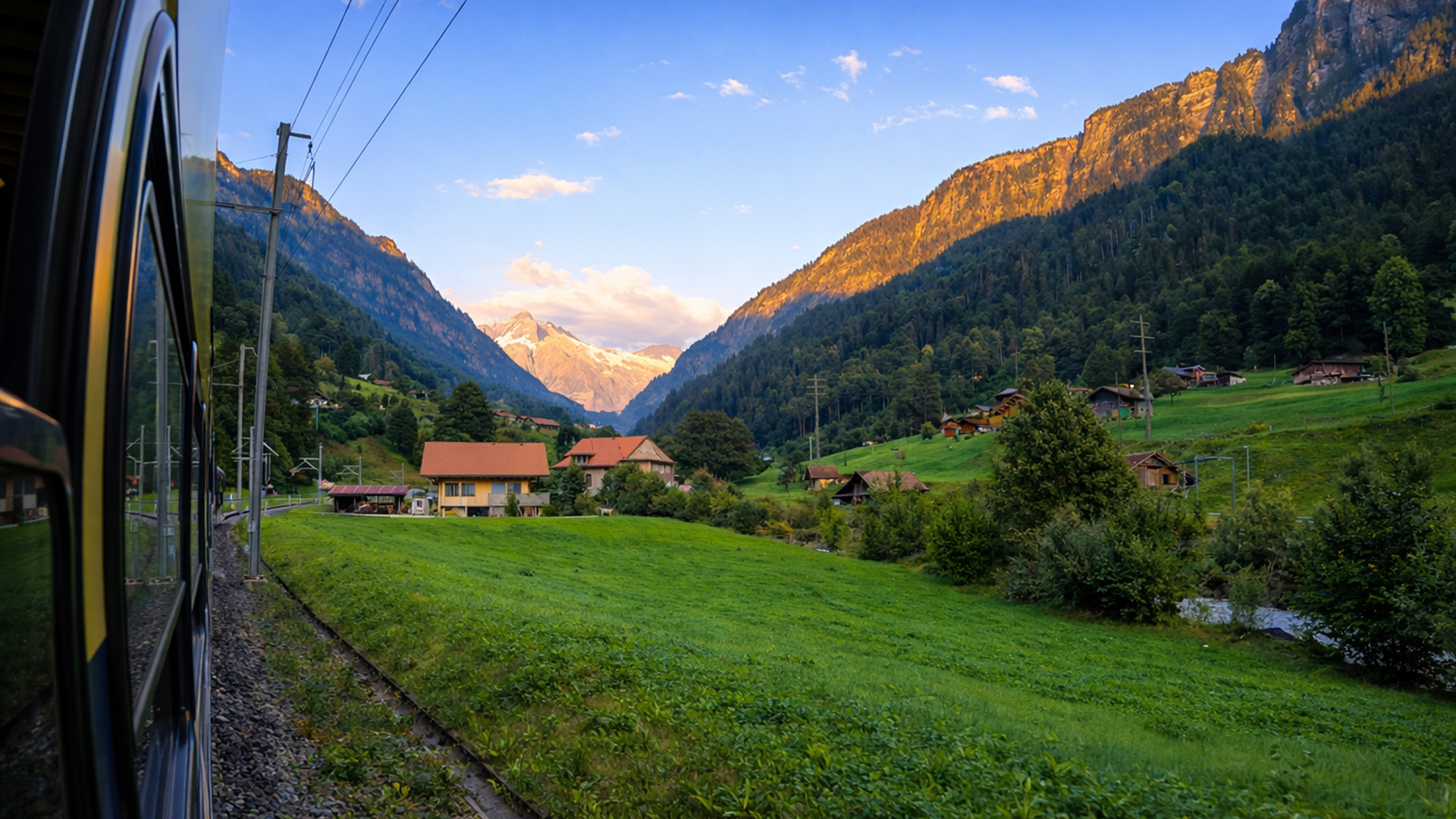 Grindelwald Switzerland scenic sunset railway journey (4K)