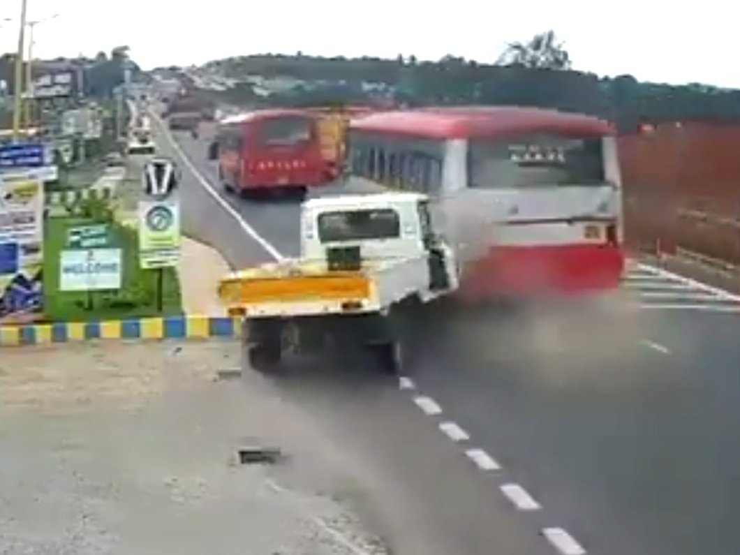 Excessive tailgating: Pickup truck crashes into bus