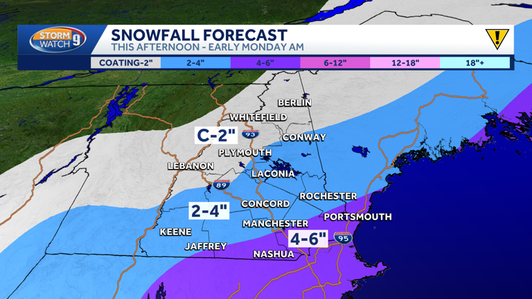 Parts of southern NH could see 4-6 inches of snow Sunday night