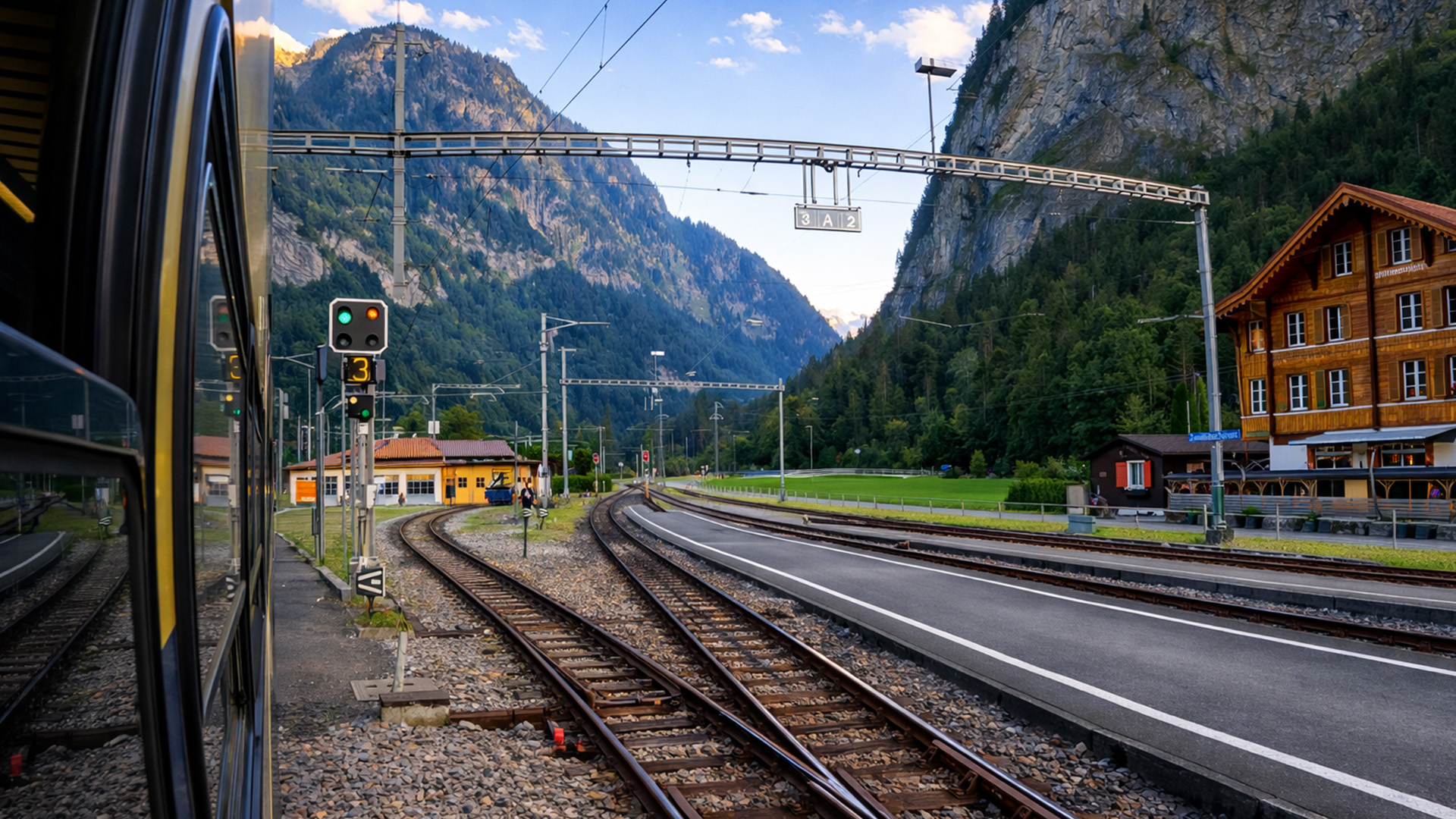 Sunset train journey to Grindelwald Swiss Alps (4K)